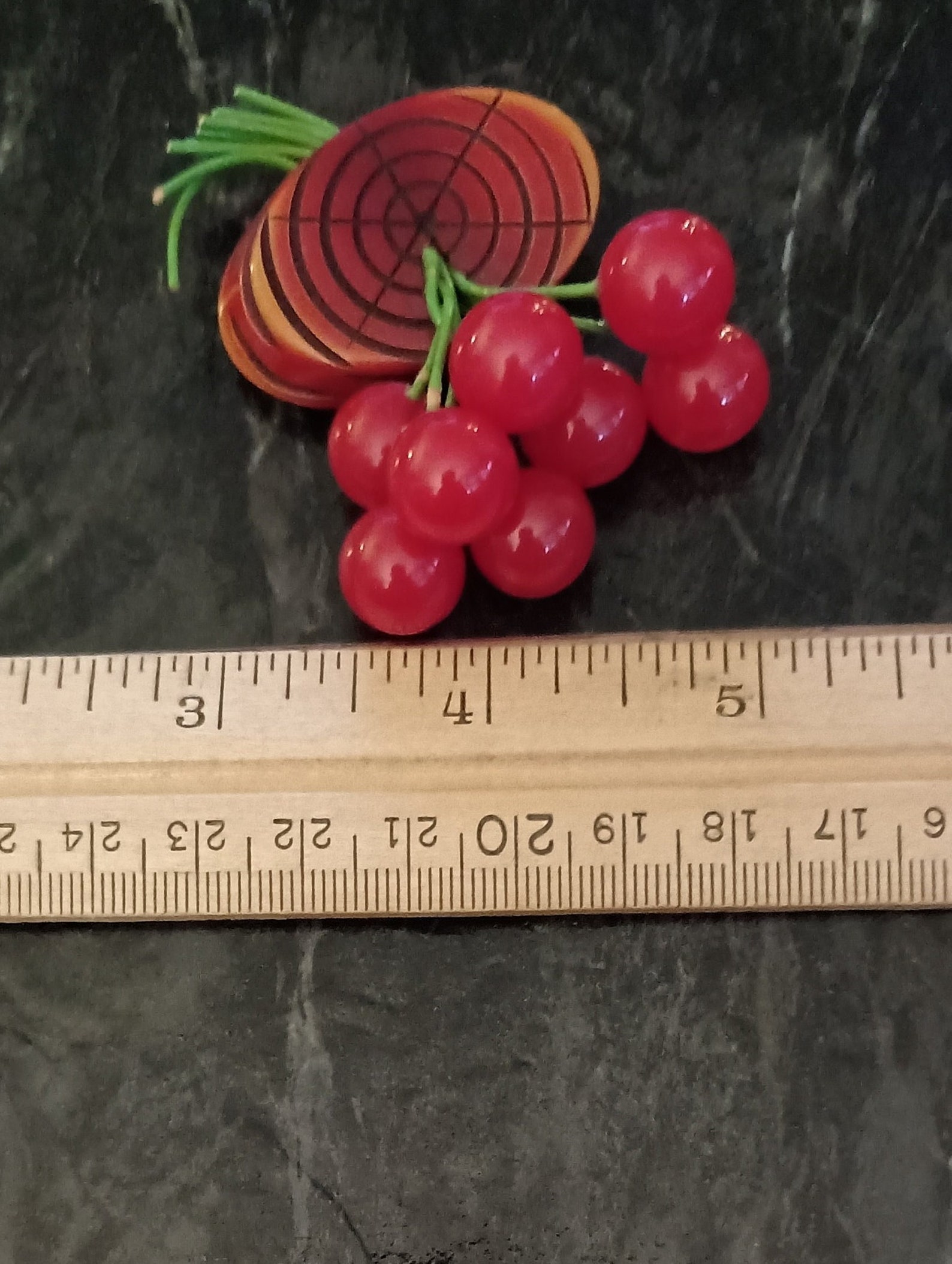 Bakelite Cherries, Faux Wood Brooch. 8 Red Translucent Cherries Dangle ...