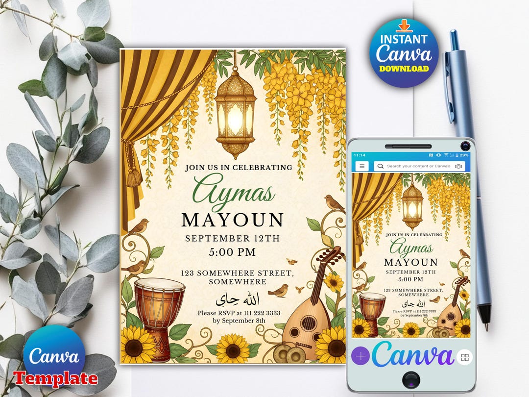 Floral Mayoun Invitation Template: Editable Mehndi Invite (digital ...