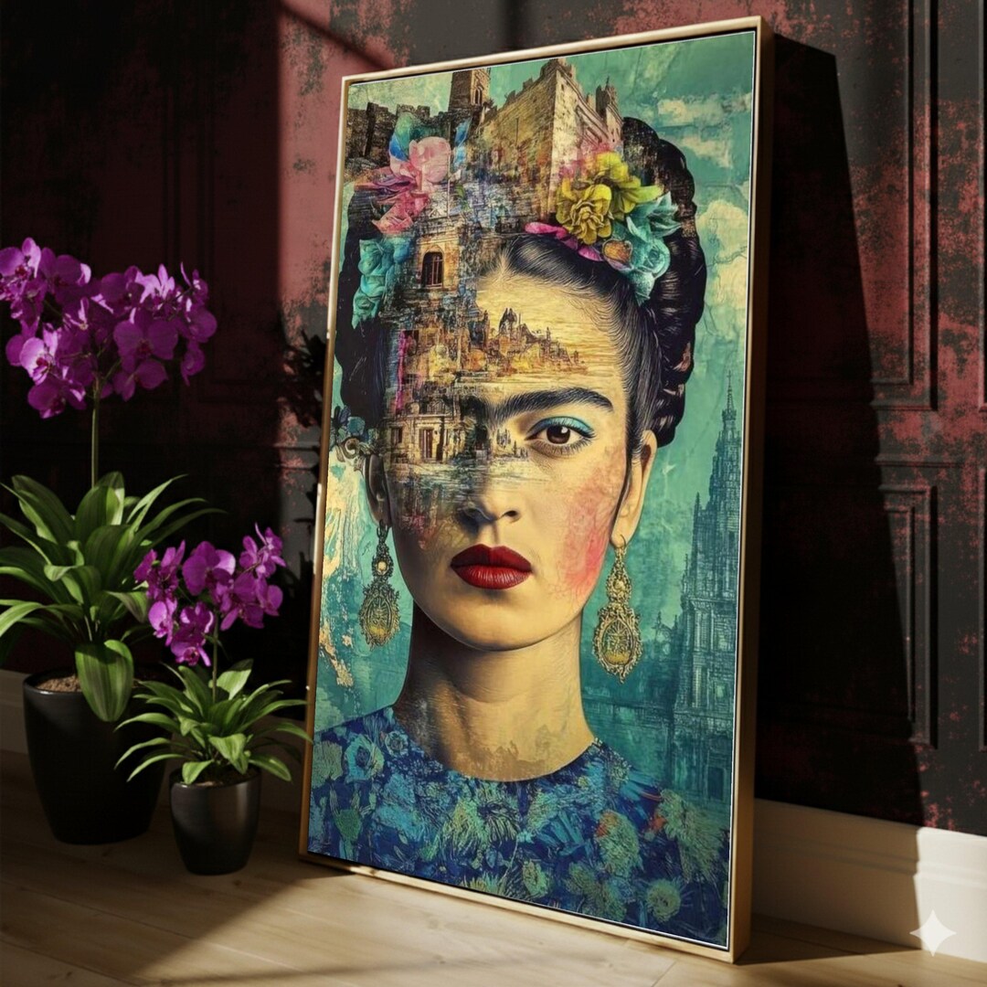 Surreal Frida Kahlo Portrait Canvas, Artistic Face and Architecture ...