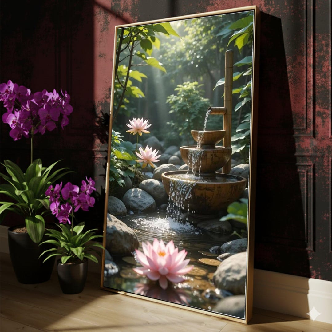 Tranquil Zen Garden Fountain Canvas, Waterfall Wall Art, Lotus Flowers ...