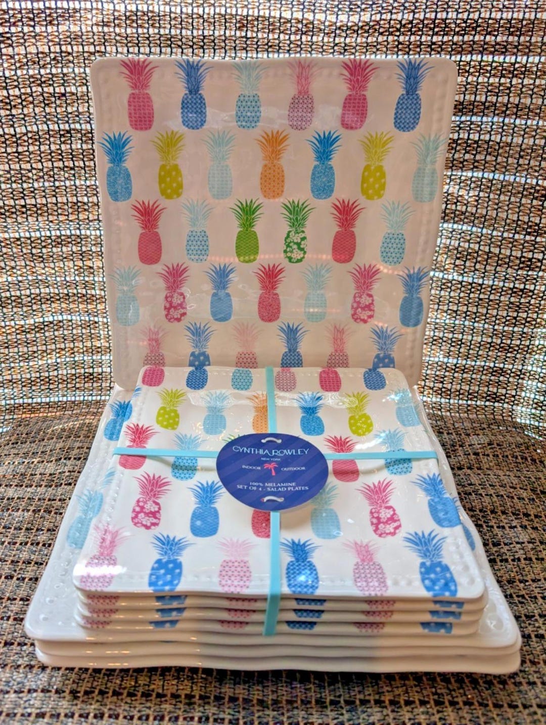 Cynthia Rowley Tropical Pineapple Melamine Salad Plates (new) & Dinner ...