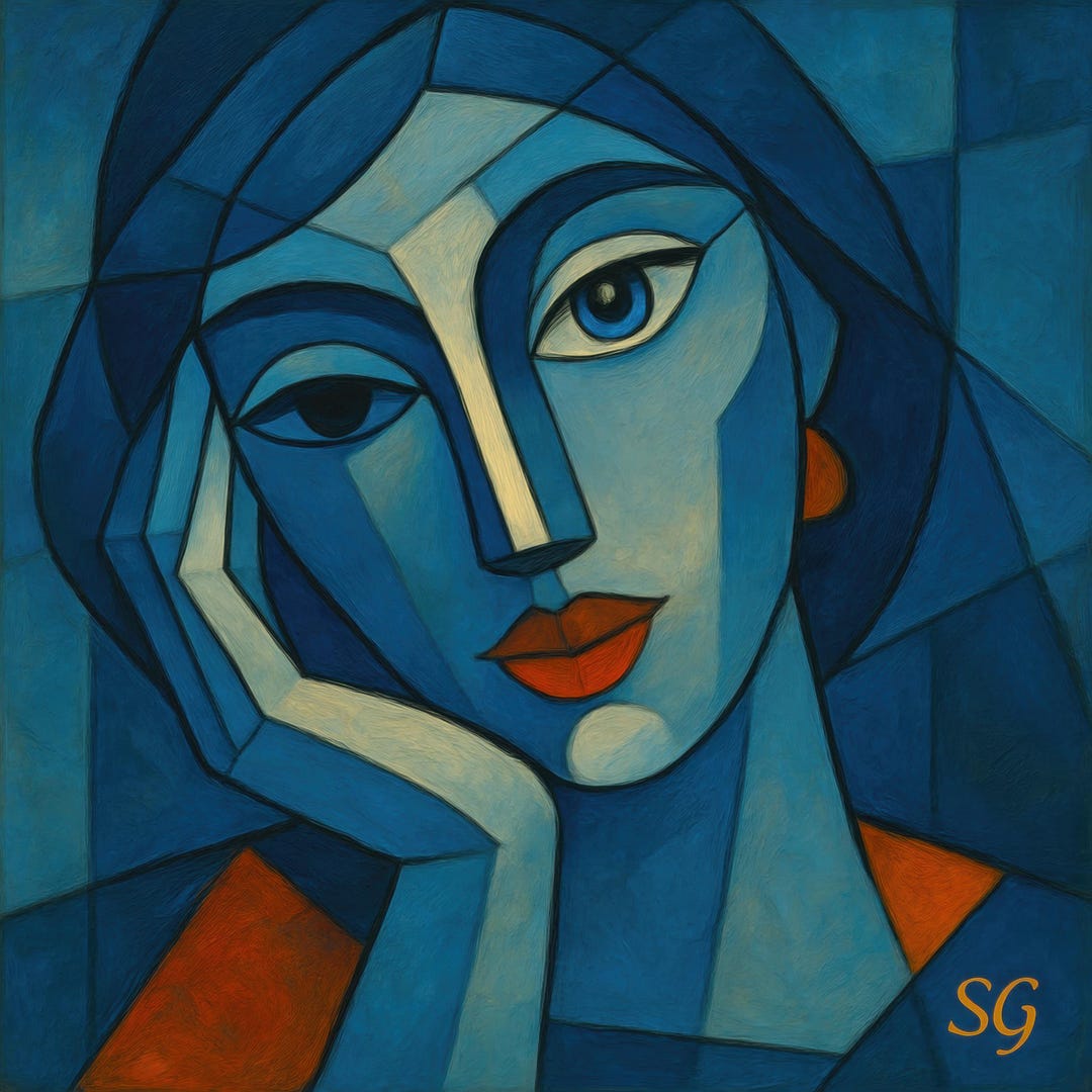 Dreaming Woman – Cubist Style Blue Portrait – Abstract Digital Painting ...