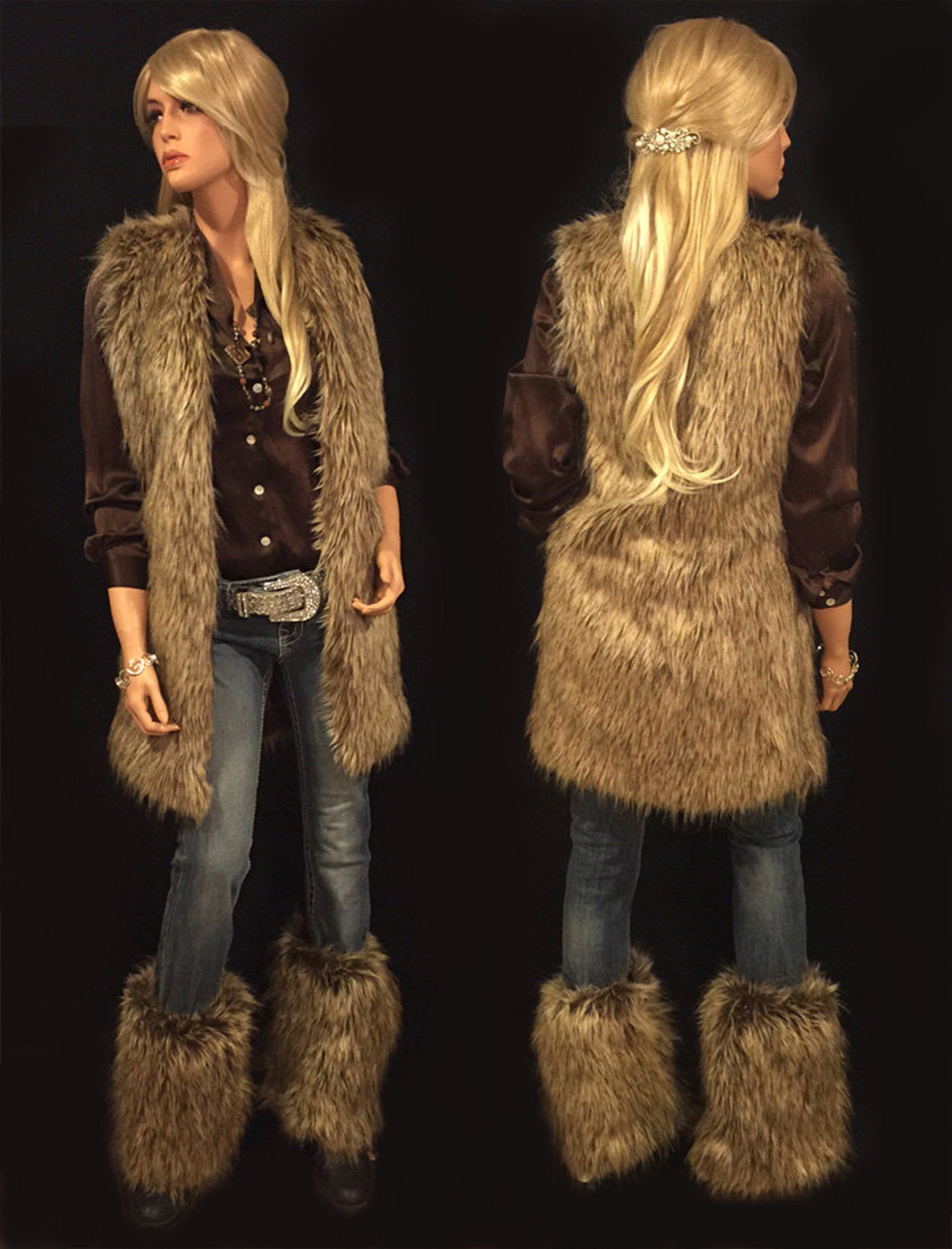 Long Faux Fur Vest in Brown Wolf Style: FVA514 - Etsy