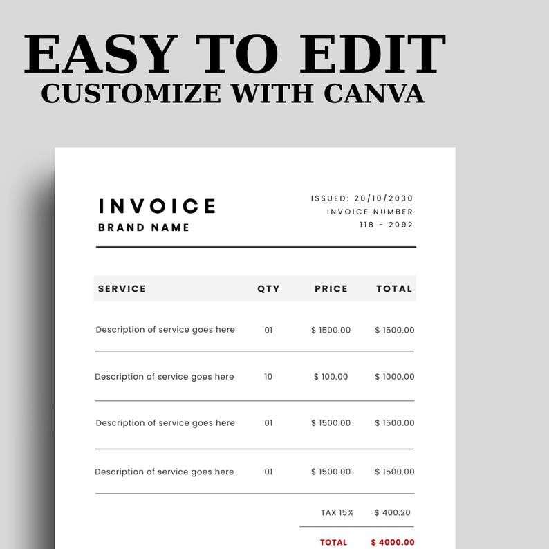 Editable Invoice Template A4: Professional Canva Design (digital ...