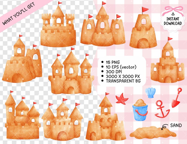 Watercolor Sandcastle Clipart Bundle – Beach Coastal Theme Pngs ...