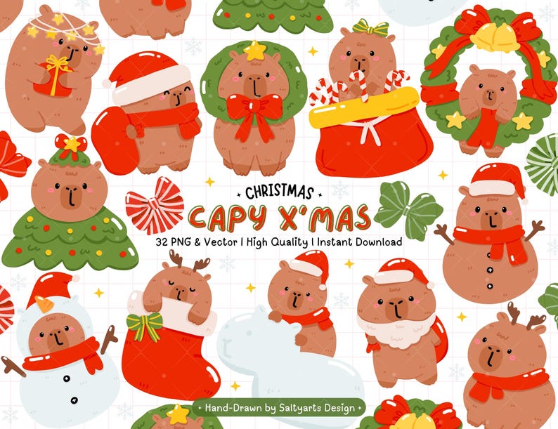 Christmas Capybara Clipart Bundle: Kawaii Holiday Animals PNG & Vector ...