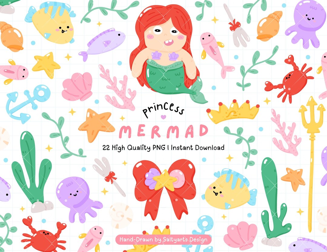 Mermaid Princess Clipart Bundle – Ocean Animals PNG (digital Download ...