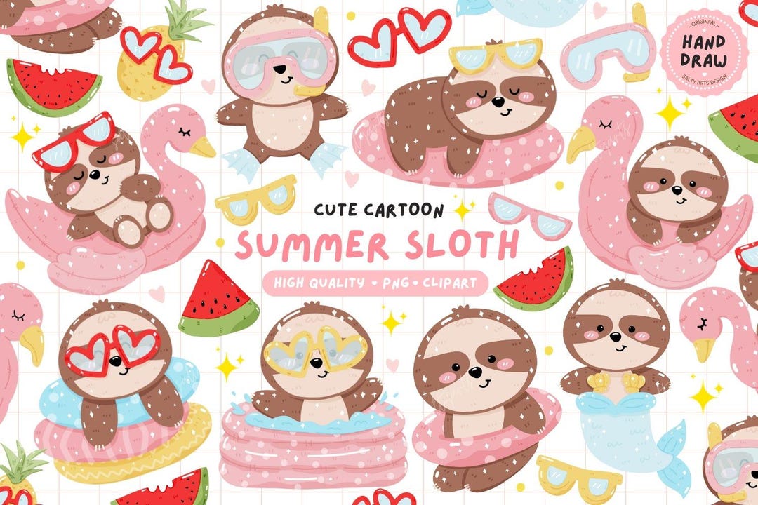 Summer Sloth Clipart Bundle: Pool Party PNG Graphics (digital Download ...