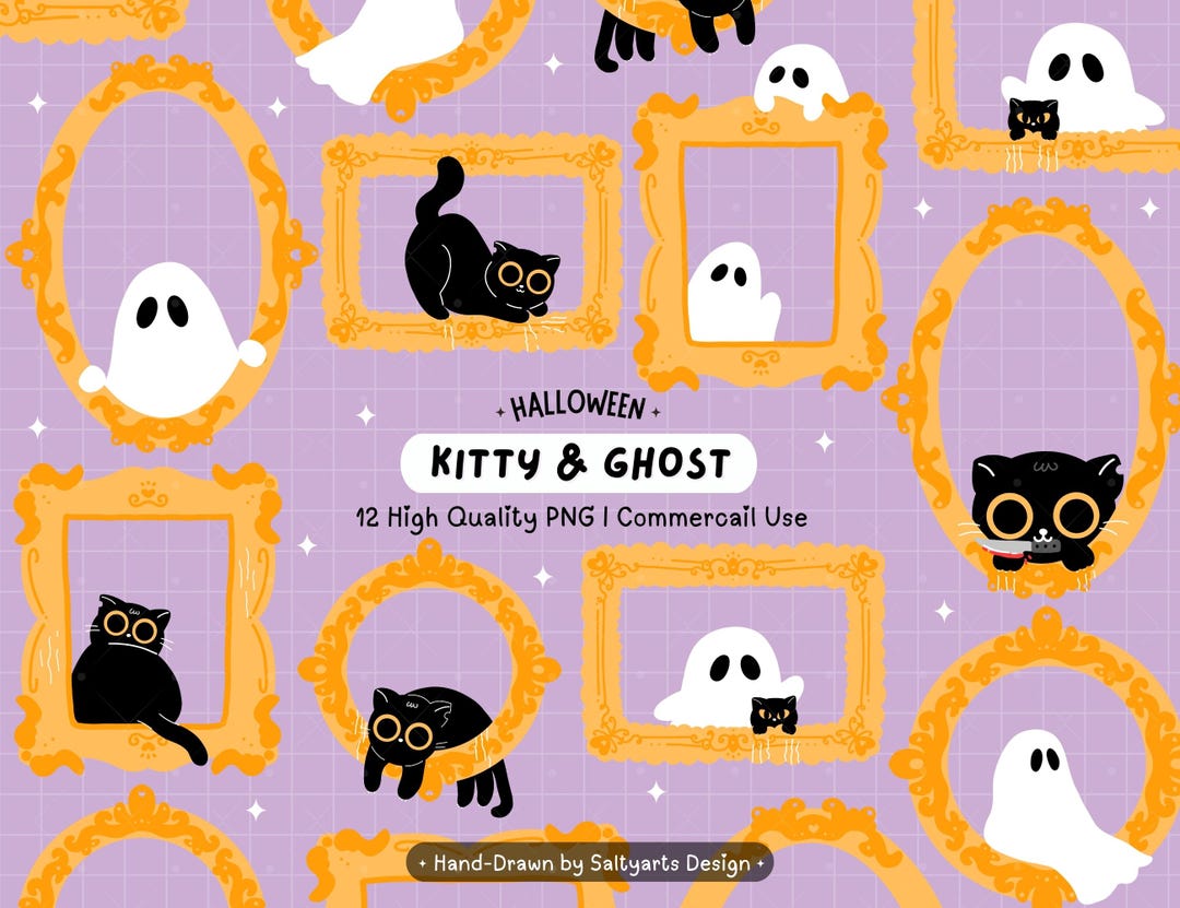 Halloween Clipart Set: Kitty, Ghosts, Gold Frames (PNG Digital Download ...