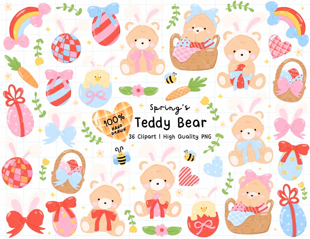 Spring Teddy Bear Easter Clipart Bundle – Bunny Ears, Eggs, Flowers ...