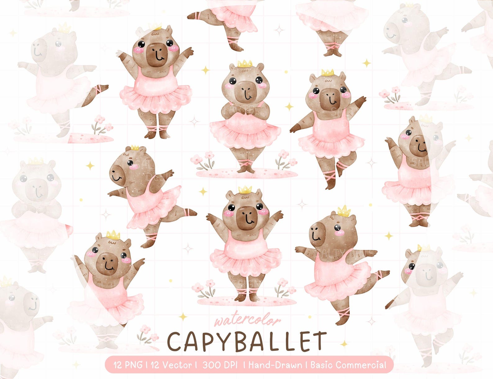 Capybara Ballet Clipart: Watercolor Animals in Tutus (digital Download ...