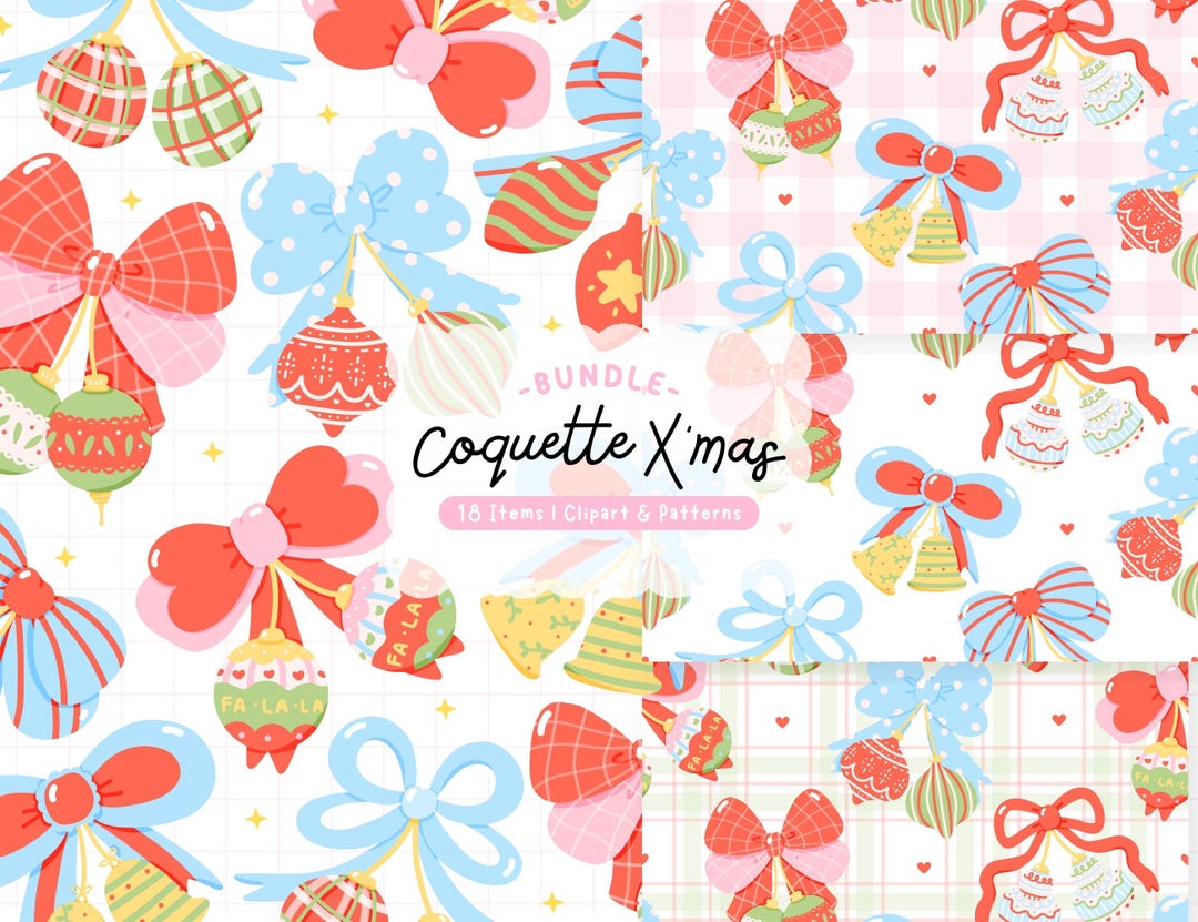 Coquette Christmas Clipart & Seamless Patterns: Pastel Ornaments, Bows ...