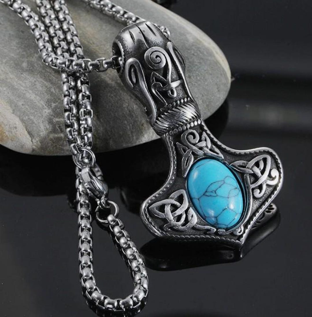 Turquoise Stone Mjolnir Pendant, Nordic Thor Hammer Necklace, Viking ...