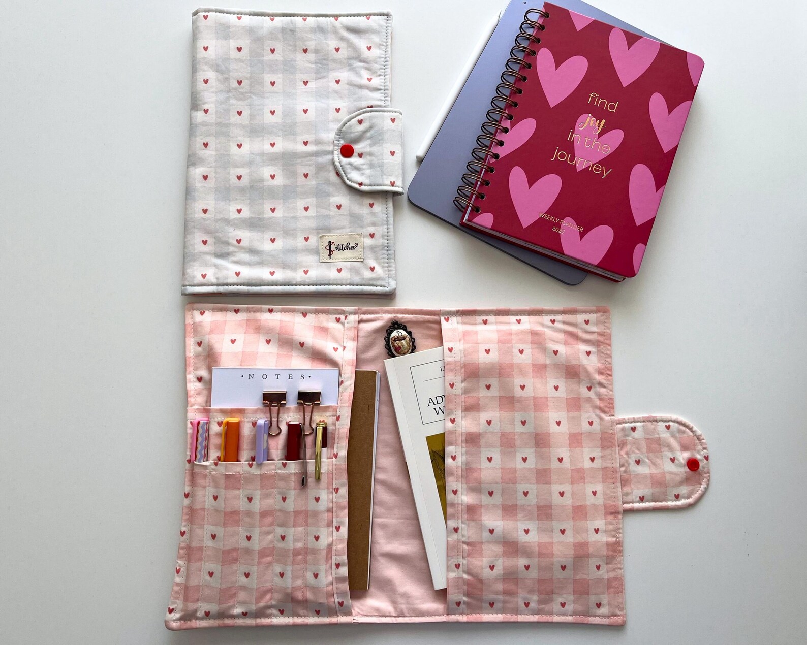 Handmade Cotton Book Cover With Pen Holder – Heart Pattern Journal ...