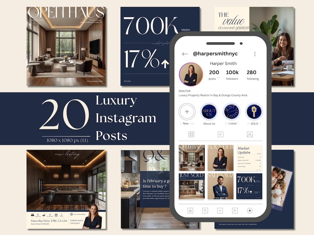 20 Luxury Real Estate Instagram Post Templates I Blue Canva Editable ...