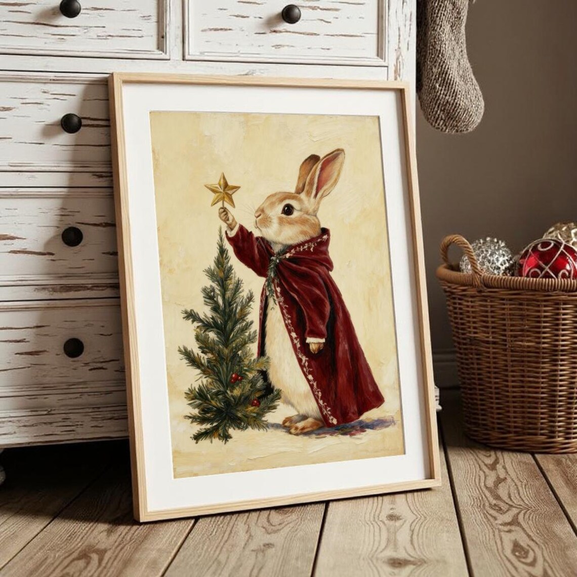 Stampa vintage di coniglietto natalizio - Decorazione rustica per le ...