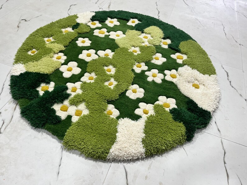 Hand Tufted Daisy Moss Rug | 3D Green Floral Wool Area Rug | Furry ...