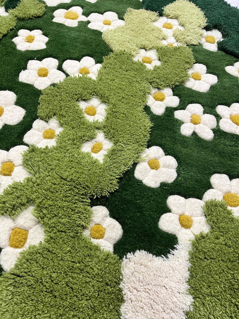 Hand Tufted Daisy Moss Rug | 3D Green Floral Wool Area Rug | Furry ...