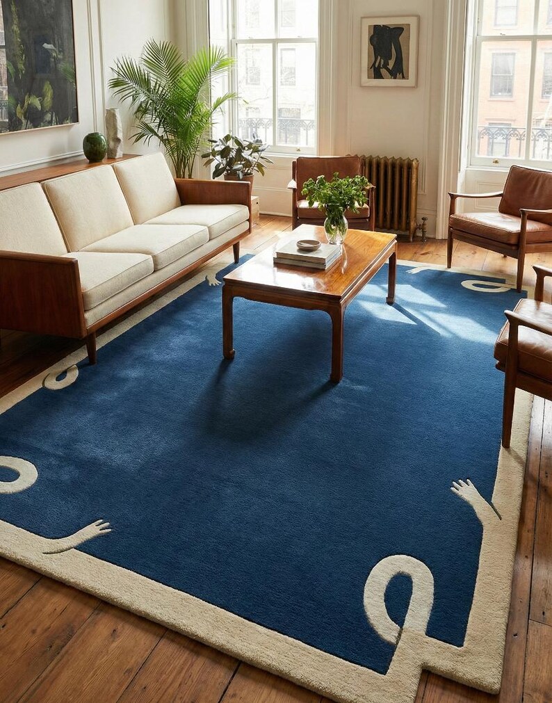 Hand Tufted Blue Wool Area Rug | Modern Abstract Border Rug | Luxury ...