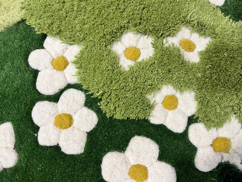 Hand Tufted Daisy Moss Rug | 3D Green Floral Wool Area Rug | Furry ...