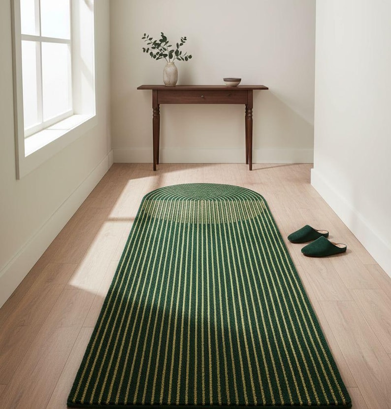 Hand Tufted Wool Runner Rug: Modern Green Striped Arch-end Carpet - Etsy