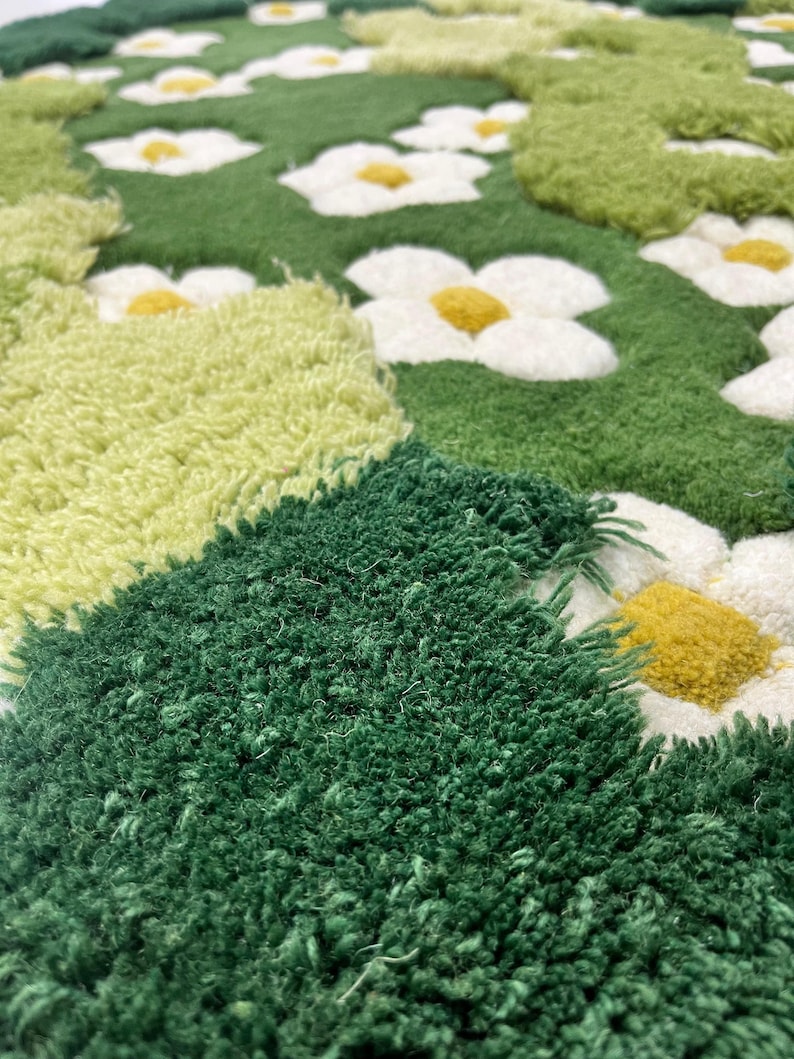 Hand Tufted Daisy Moss Rug | 3D Green Floral Wool Area Rug | Furry ...