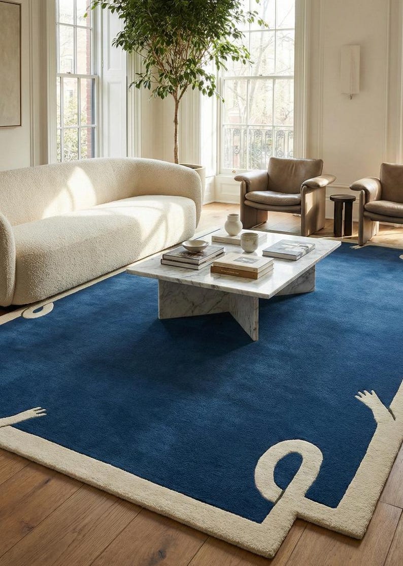 Hand Tufted Blue Wool Area Rug | Modern Abstract Border Rug | Luxury ...