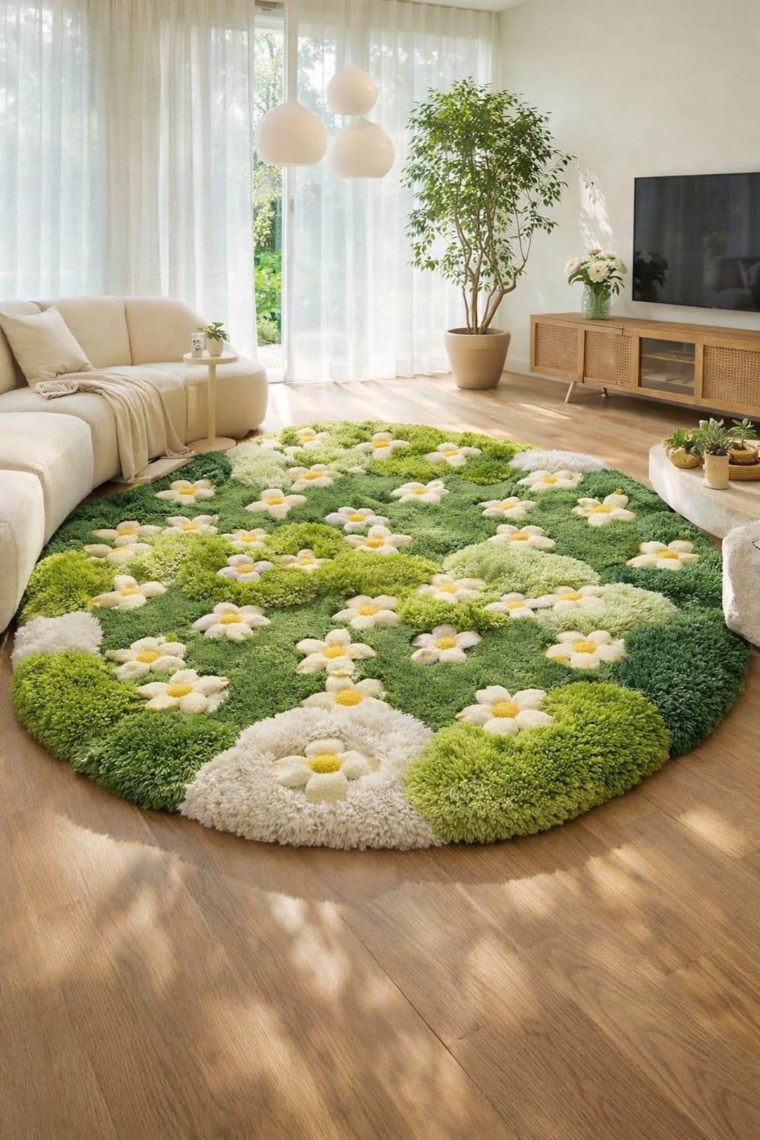 Hand Tufted Daisy Moss Rug | 3D Green Floral Wool Area Rug | Furry ...