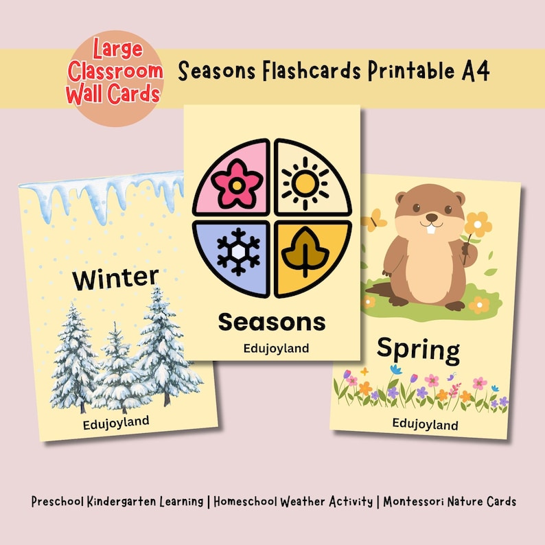 Seasons Flashcards Printable A4 Large Classroom Wall Cards Preschool ...
