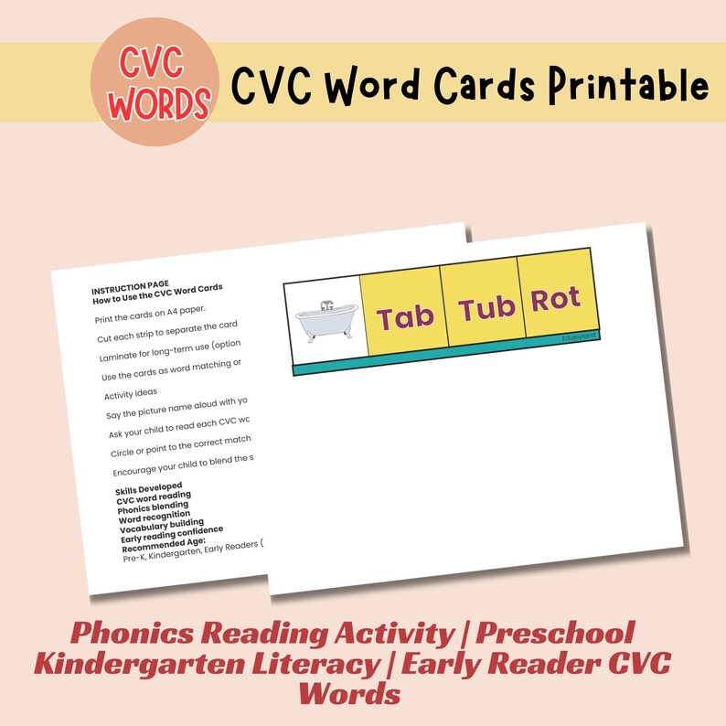 CVC Word Cards Printable | Phonics Reading Activity | Preschool ...