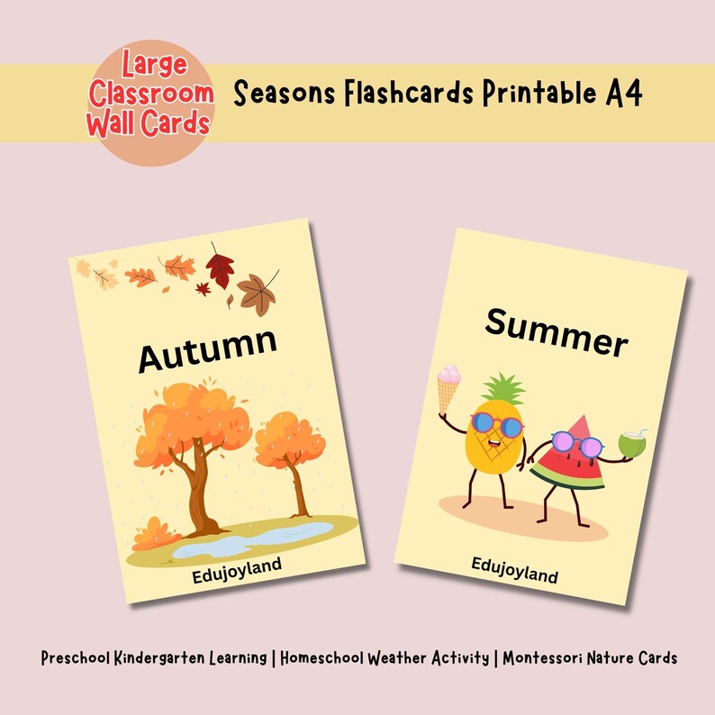Seasons Flashcards Printable A4 Large Classroom Wall Cards Preschool ...