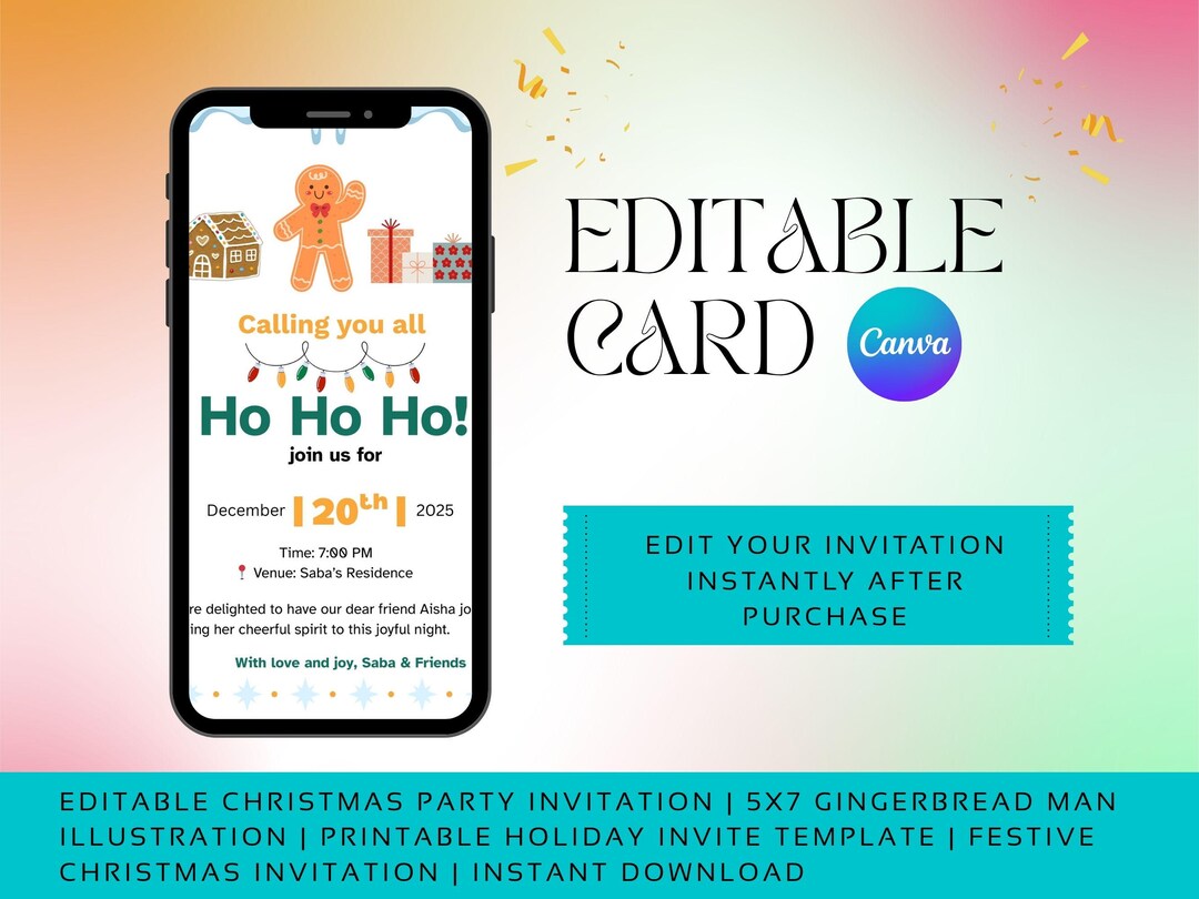 Editable Gingerbread Man Christmas Party Invitation | 5x7 Printable ...