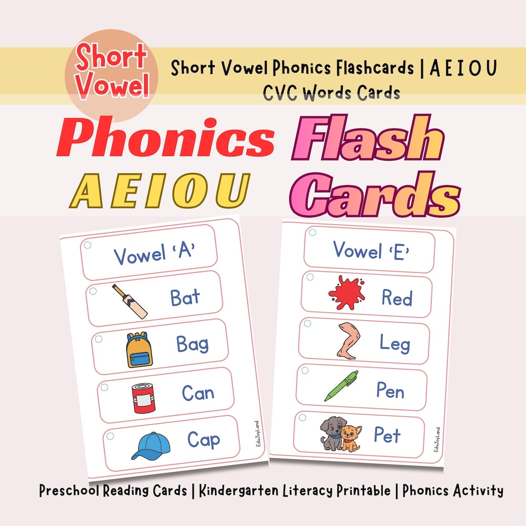 Short Vowel Phonics Flashcards | A E I O U CVC Words Cards | Preschool ...