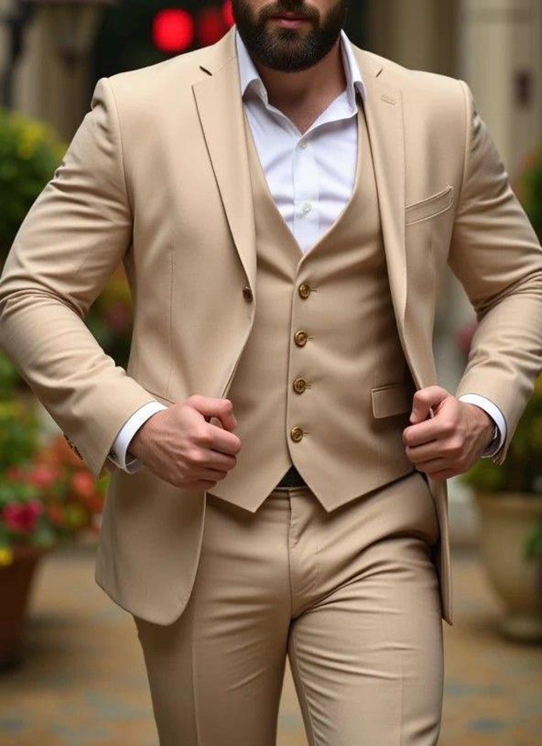 Elegant Cream 3-piece Suit for Men, Slim Fit Wedding & Formal Wear ...