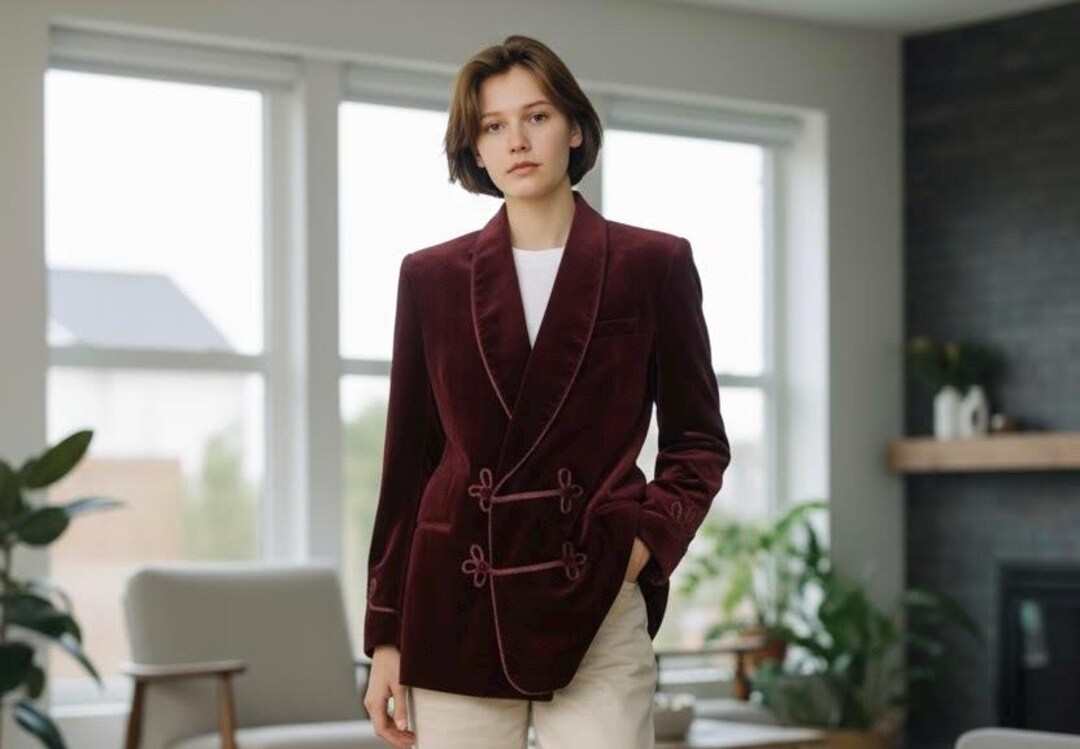 Custom Women's Made Burgundy Velvet Smoking Jacket, Scorb Smoking ...