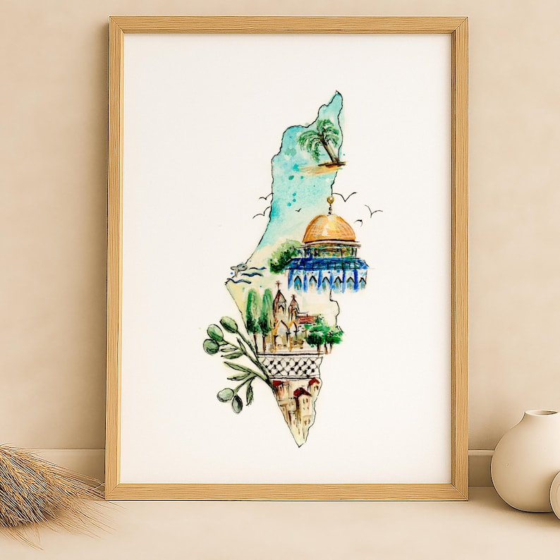 Palestine Map Watercolor Art – Heritage Wall Decor – Middle Eastern ...