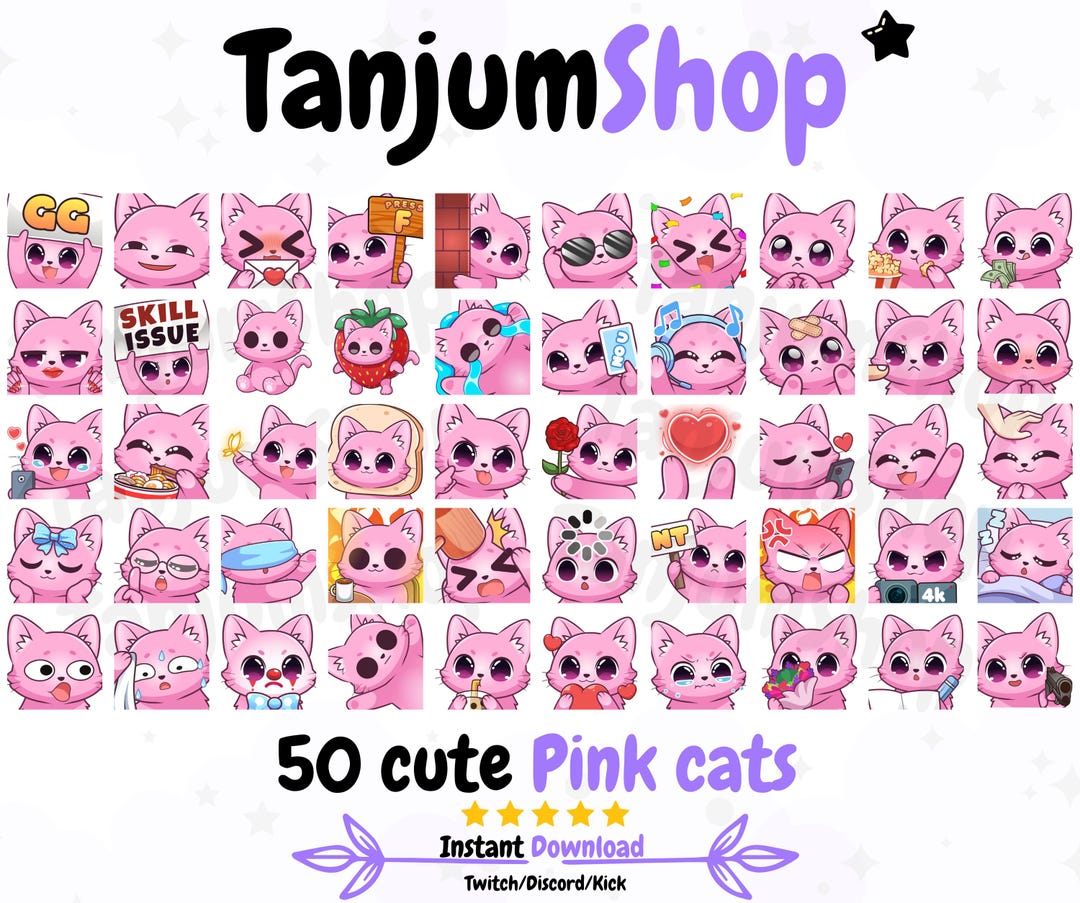50 Cute Pink Cat Emotes – Kawaii Twitch & Discord Emote Pack – PNG ...