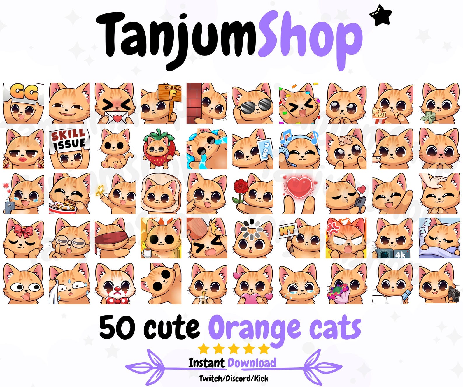 50 Cute Orange Cat Emotes – Kawaii Twitch & Discord Emote Pack – PNG ...