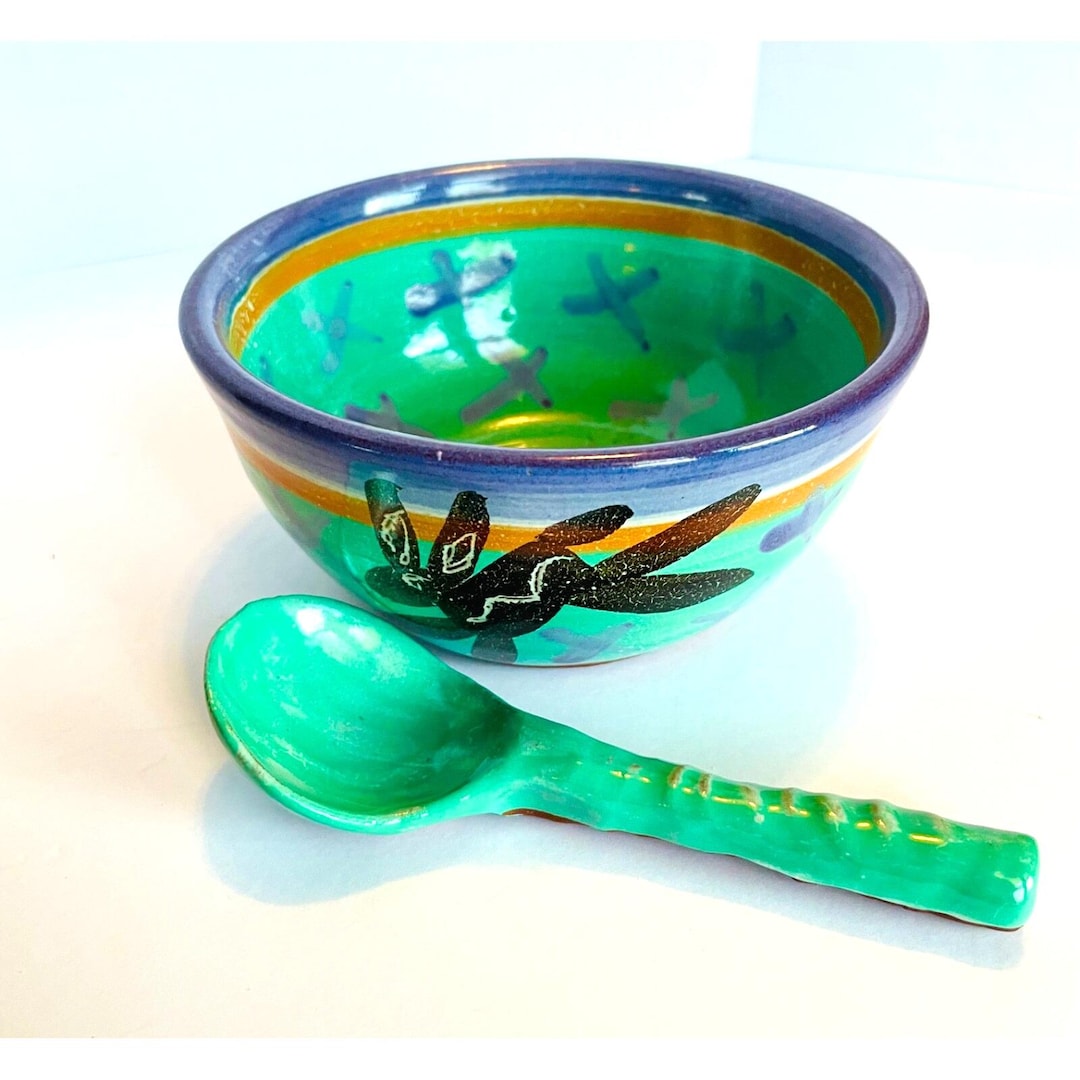 VTG Hand-painted Tonalá Mexican Folk Art Pottery Bowl and Spoon Dancing ...