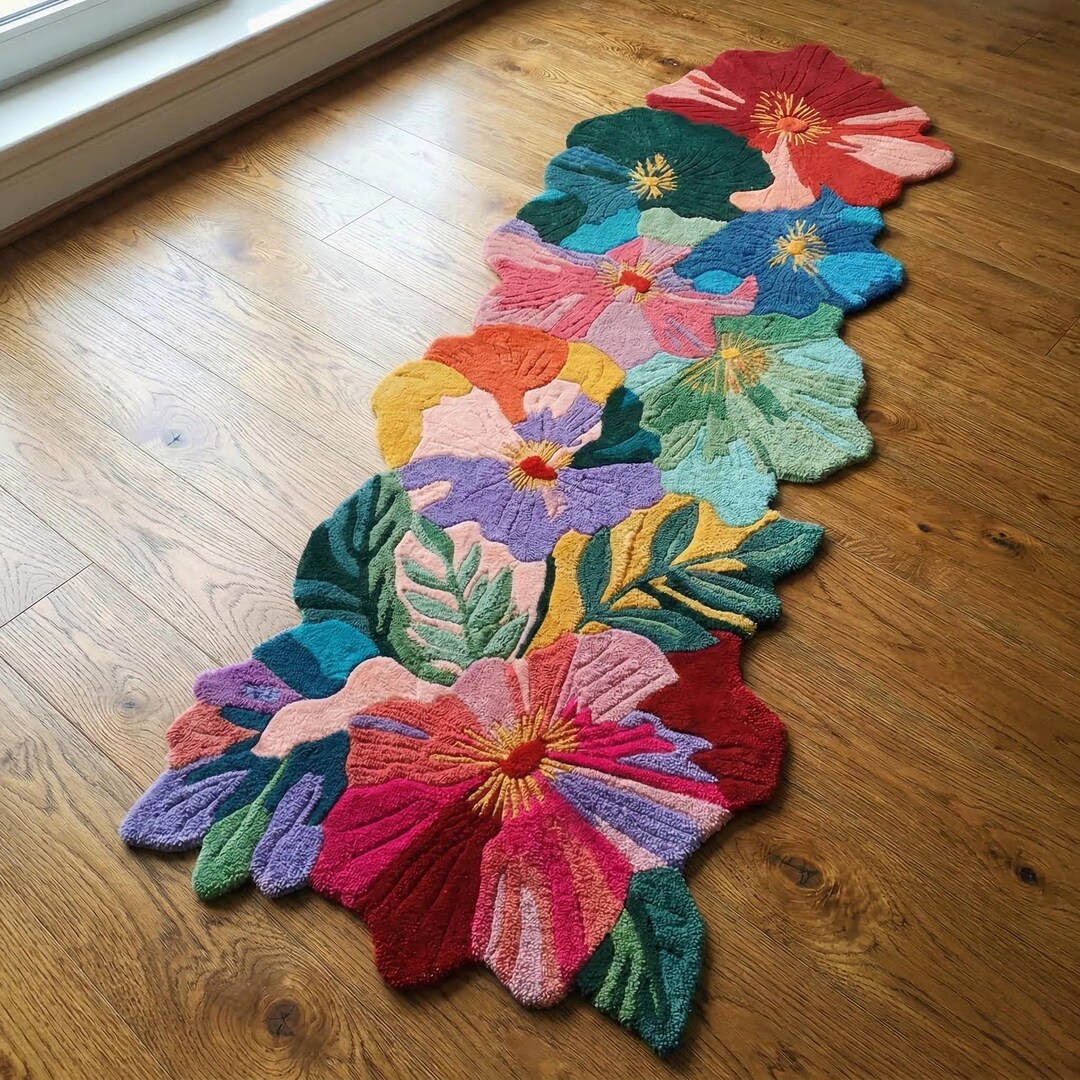 Hand Tufted Floral Runner Rug Colorful Botanical Carpet Maximalist Boho ...