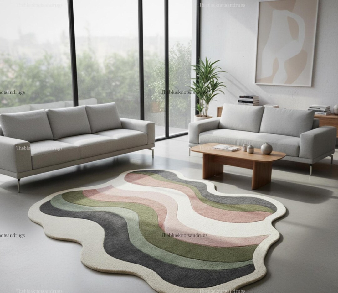 Irregular Shape Rug: Wool Hand Tufted 8x10 Modern Abstract Sage Green ...