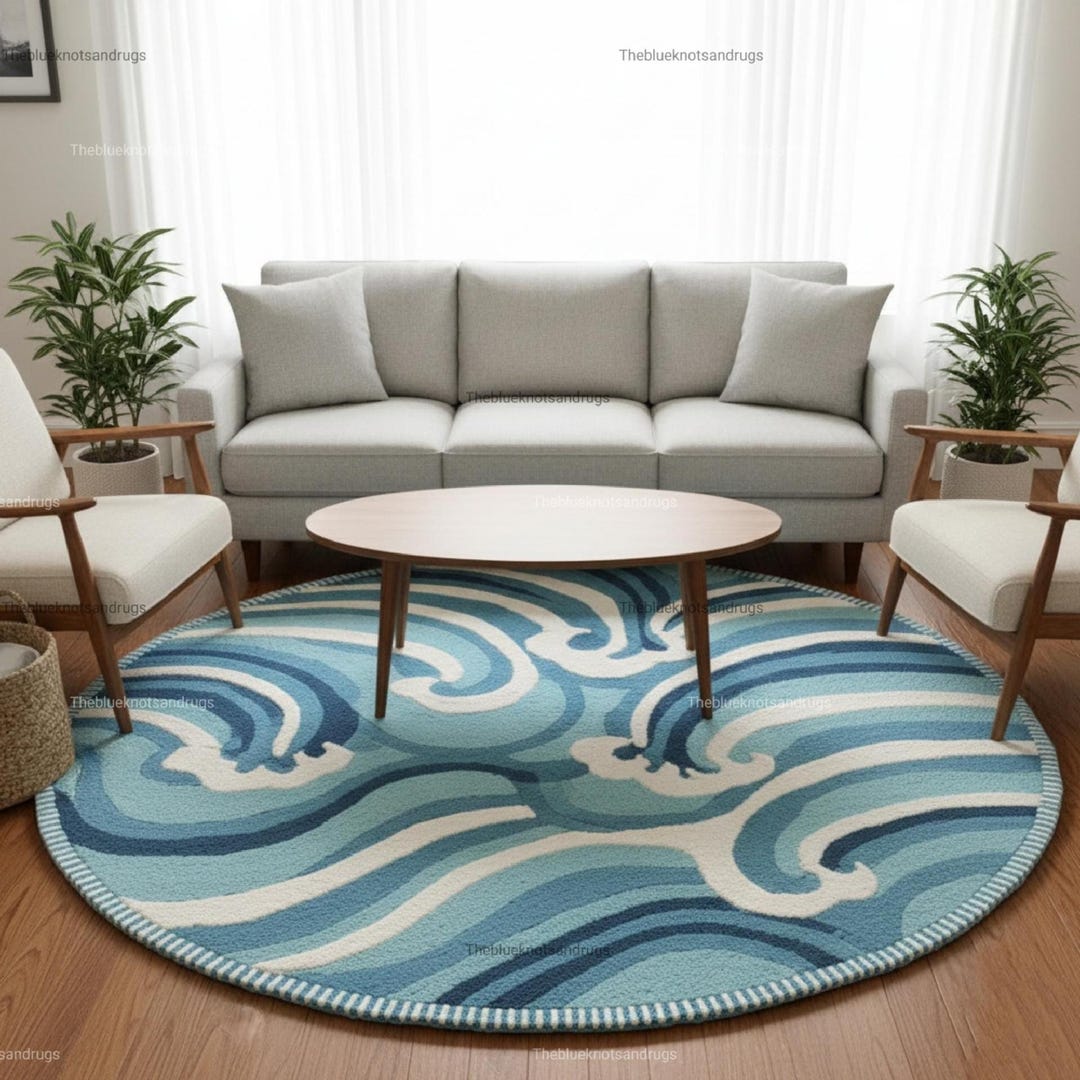 Ocean Wave Rug Hand Tufted Blue Teal Ivory 5x7 Wool Coastal Design ...