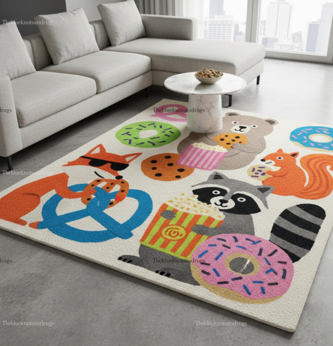 Playful Animal Snack Party Rug – Hand-tufted Cartoon Animal Carpet ...
