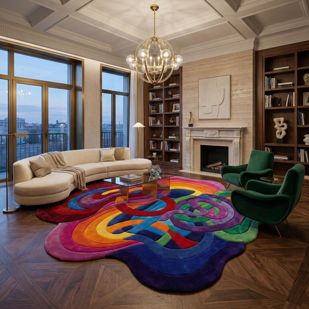 Abstract Rainbow Rug Hand Tufted Irregular Colorful Maximalist Swirl ...