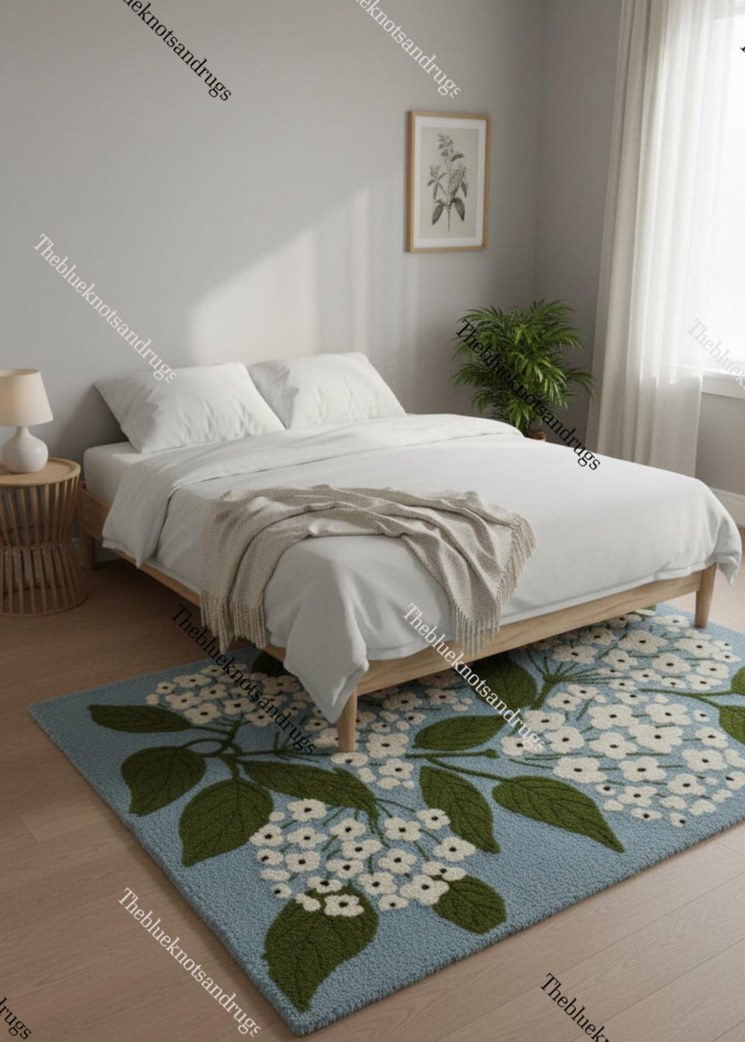 Hand Tufted Blue Flower Rug: Wool Modern Area Rug, Soft Plush, Floral ...