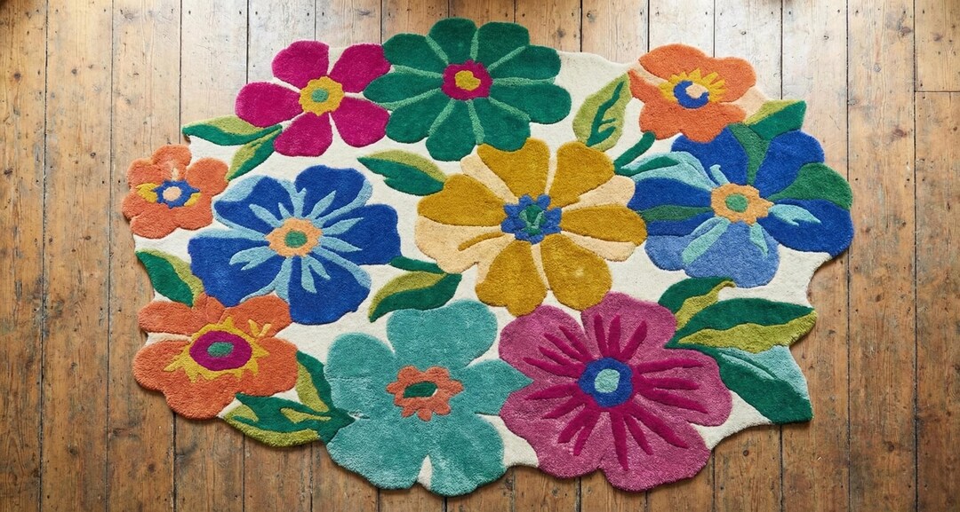Colorful Floral Rug Hand Tufted Wool Flower-shaped Area Rug Boho Decor ...