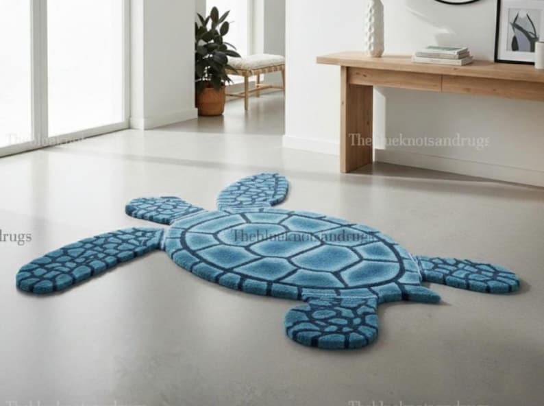 Sea Turtle Rug Hand Tufted Wool Green Irregular Shape Nursery Carpet - Etsy