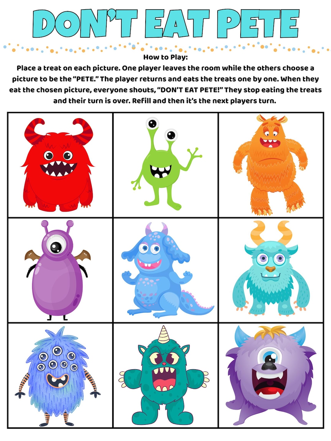 Don't Eat Pete Monster Game | Kids Party Activity (PDF) - Etsy Canada