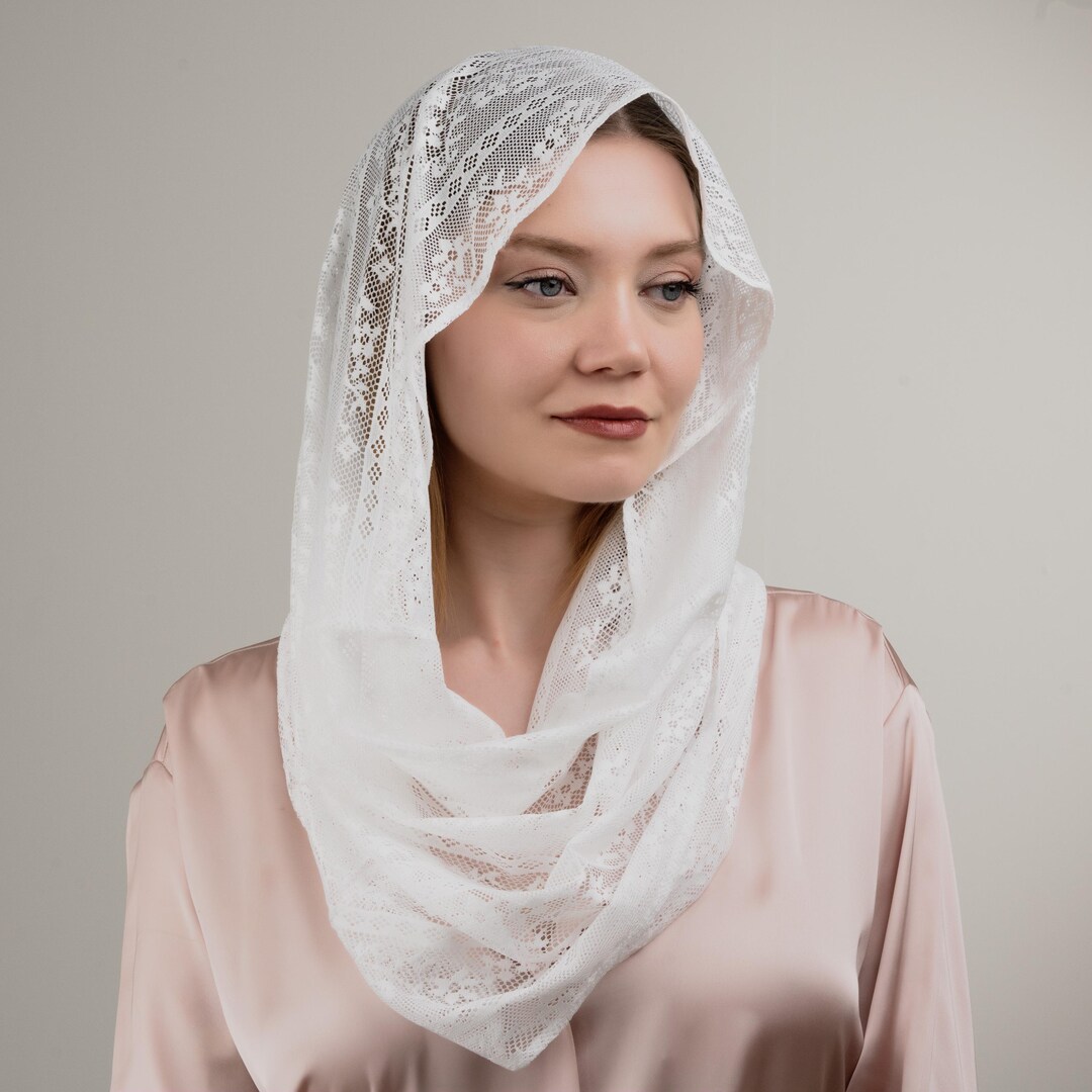 Soft White Lace Infinity Veil for Church, Boho Chapel Veil, Catholic ...