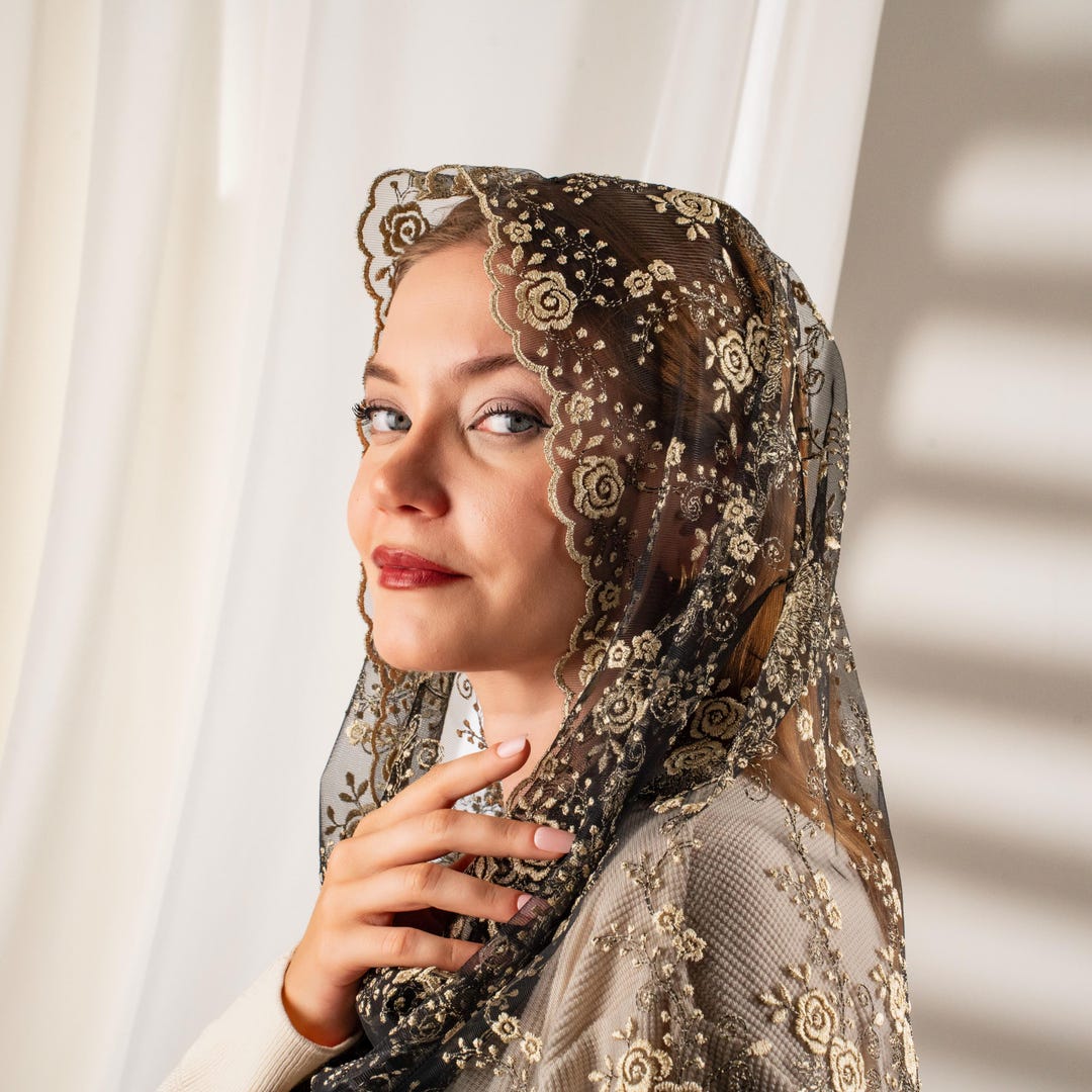 Black Lace Mantilla Veil, Gold Floral Embroidery, Catholic Church ...